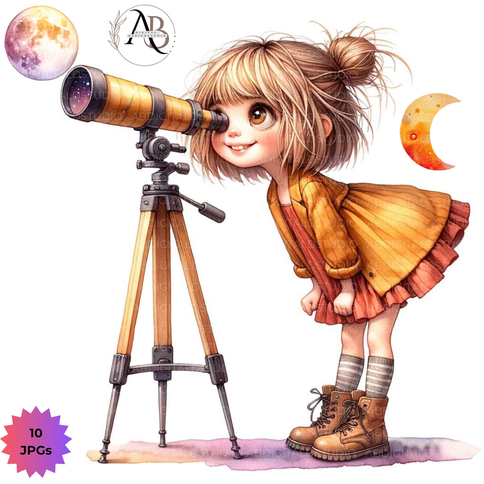 Stargazer Celestial Astronomy Mystical Clipart Whimsical Girl Star ...