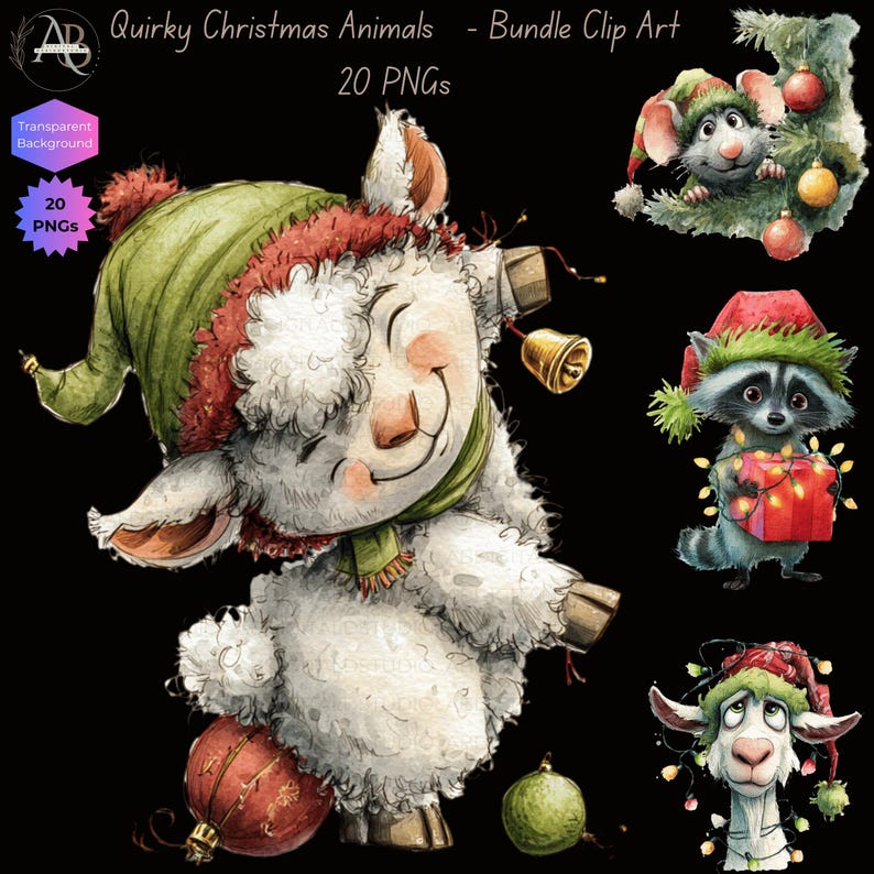 Watercolor Christmas Animal Clipart: 20 PNG Holiday Designs (digital ...