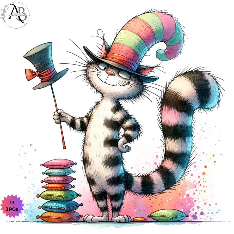 Whimsical Watercolor Cats Clipart: Funny Cartoon Cat Kitten, 13JPG ...