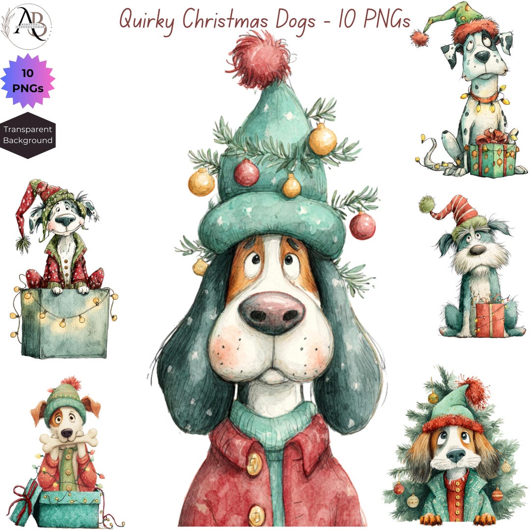 Christmas Dogs Clipart Bundle: 10 PNG, Holiday Watercolor Digital ...