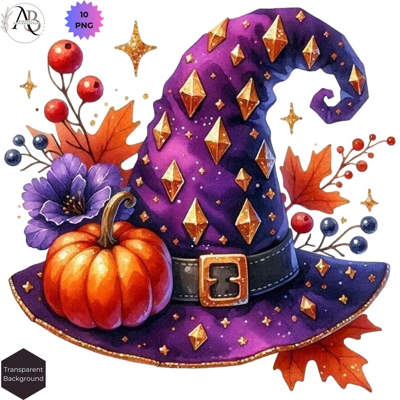 Halloween Witch Hat Clipart: 10 PNG for Scrapbooking, Hallowing Cards ...