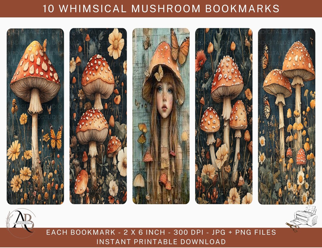 Whimsical Mushrooms Printable Bookmarks 10 PNG + JPG, Teachers ...