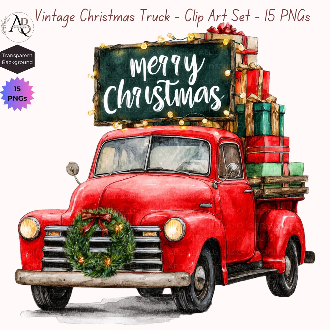 Vintage Red Truck Christmas Clipart: 15 PNG (digital Download) for ...