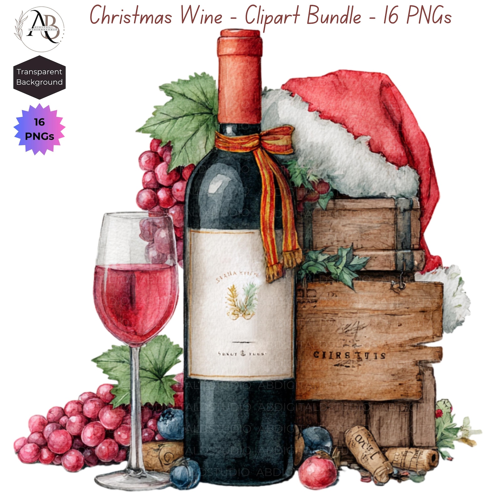 Watercolor Christmas Wine Clipart: 16 PNG Bottle Designs (digital ...