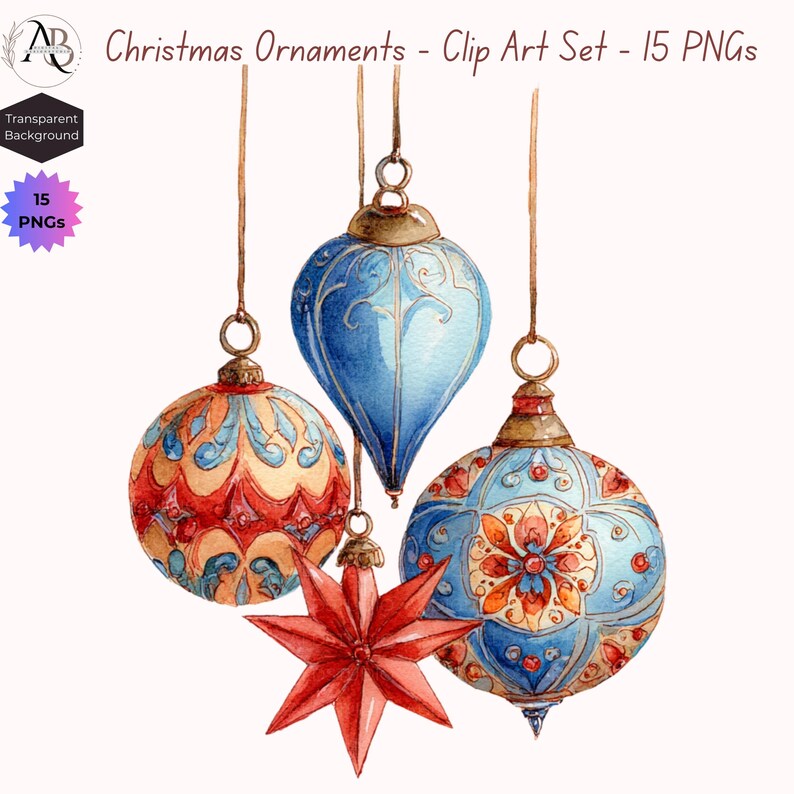 Watercolor Christmas Ornament PNG Clip Art : 15 Christmas Bauble PNG ...