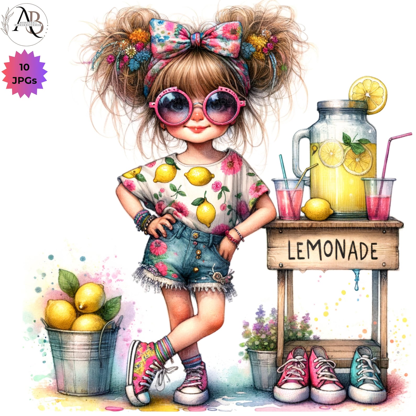 Lemonade Girl Clipart: Whimsical Watercolor Art - Printable JPG Bundle ...