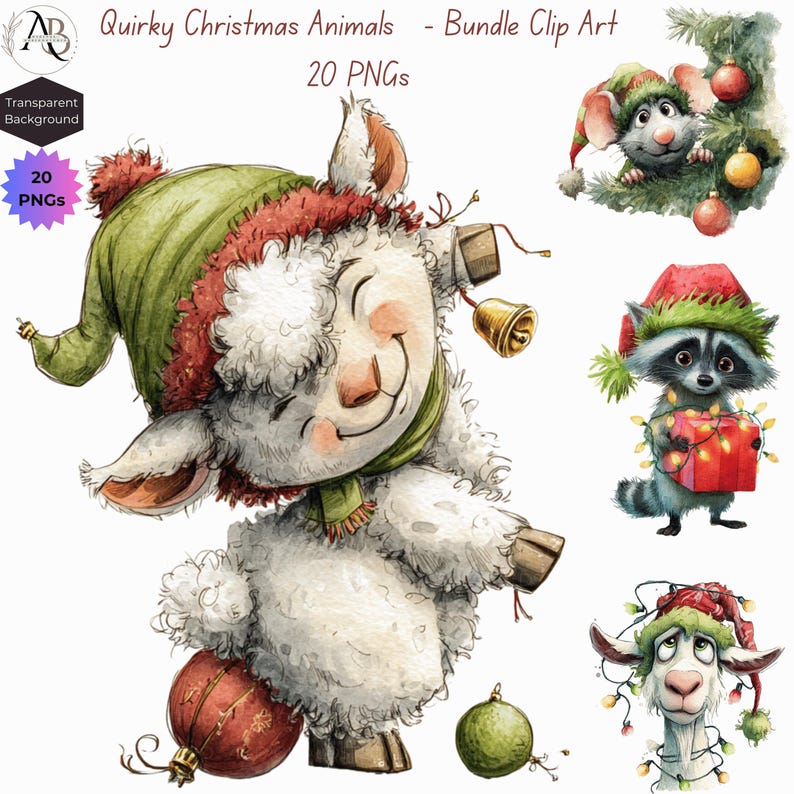 Watercolor Christmas Animal Clipart: 20 PNG Holiday Designs (digital ...