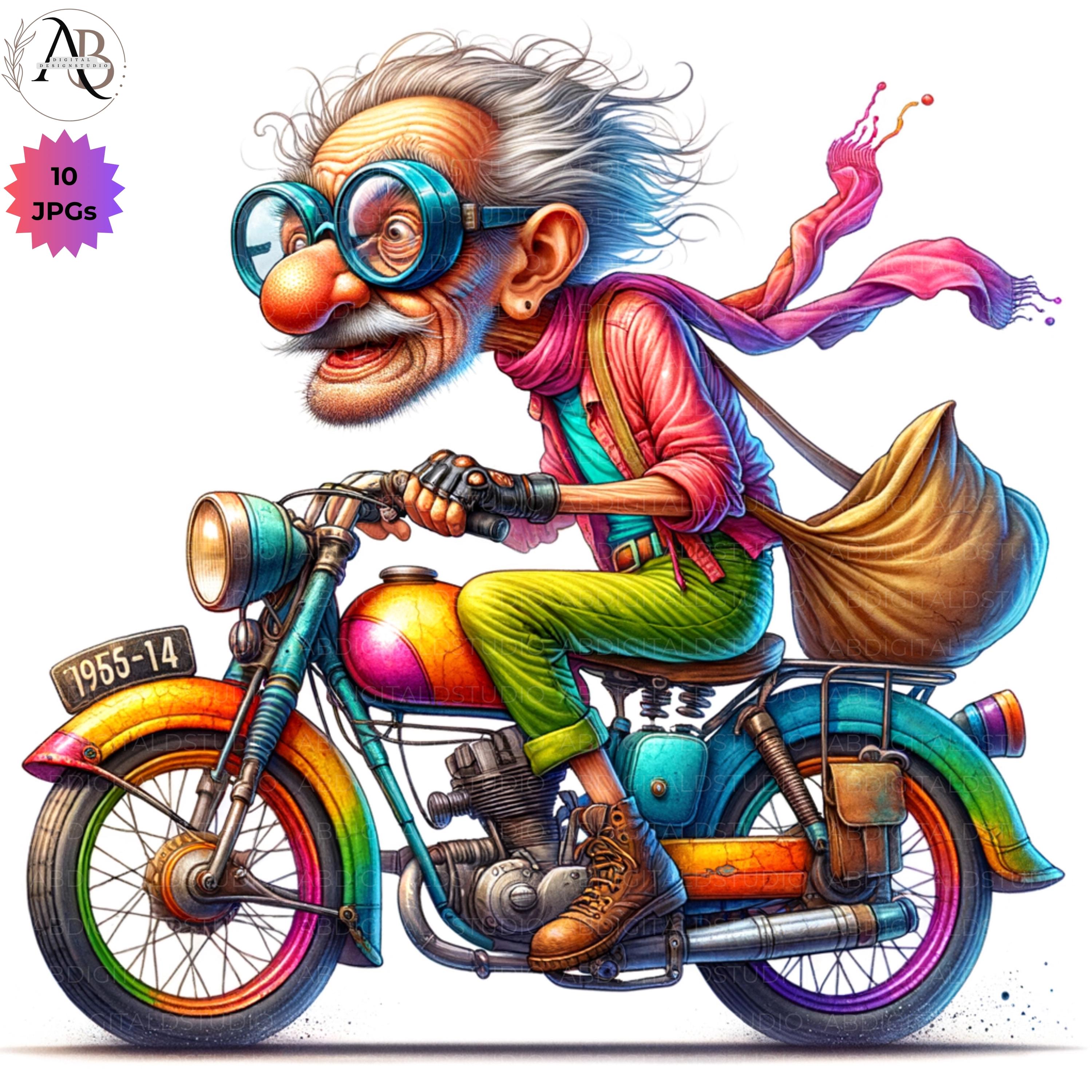 Funny Old Man on Motorcycle Clipart: Quirky Biker Art (digital Download ...
