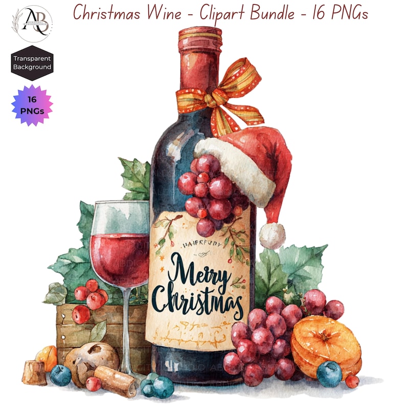 Watercolor Christmas Wine Clipart: 16 PNG Bottle Designs (digital ...