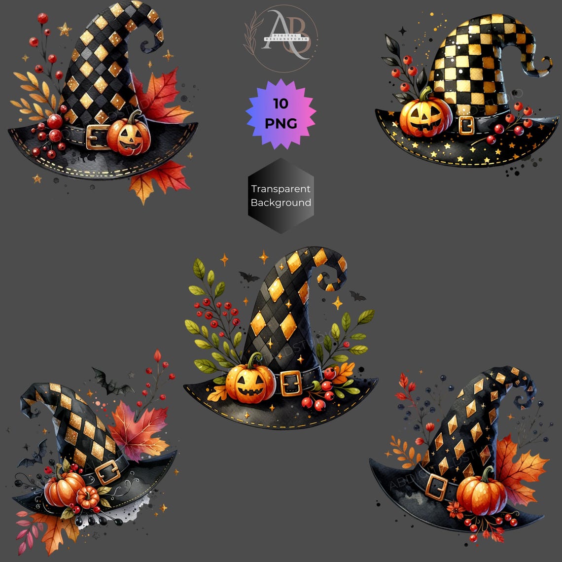 Halloween Witch Hat Clipart: 10 PNG for Scrapbooking, Hallowing Cards ...