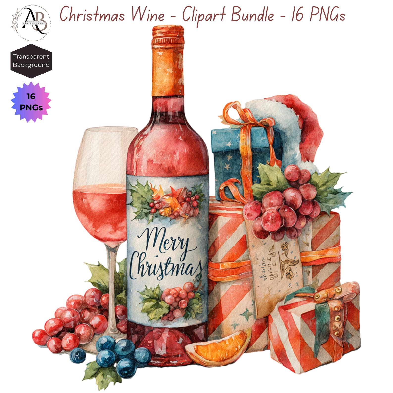 Watercolor Christmas Wine Clipart: 16 PNG Bottle Designs (digital ...