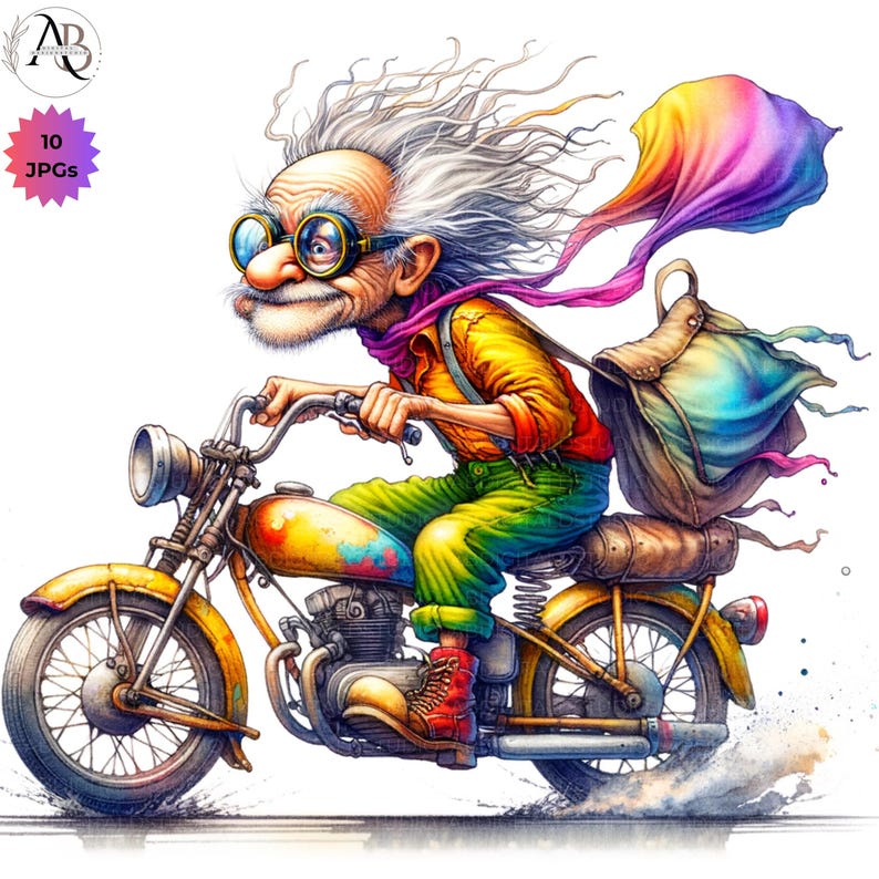Funny Old Man on Motorcycle Clipart: Quirky Biker Art (digital Download ...