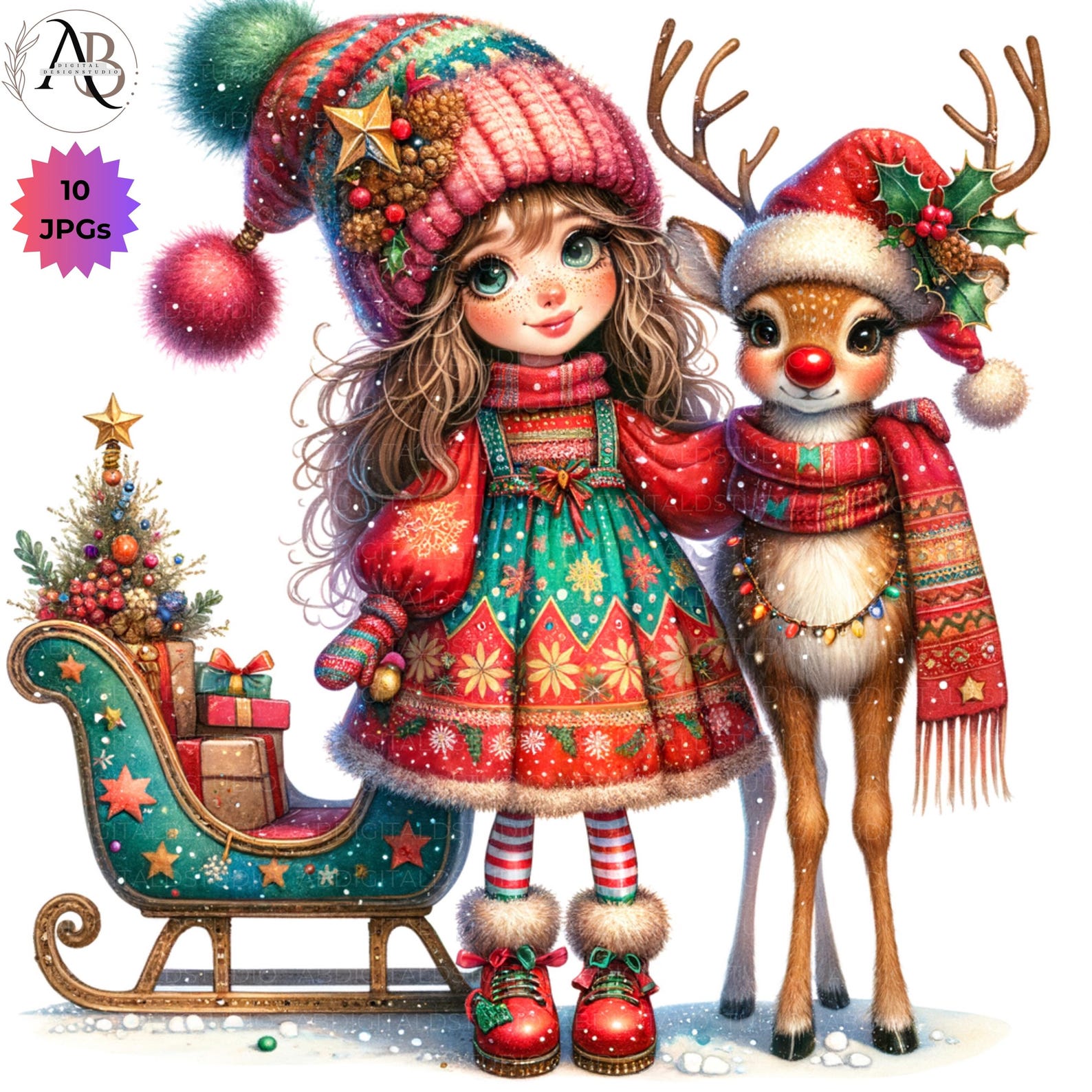 Whimsical Christmas Reindeer Clipart: Festive Watercolor Designs ...