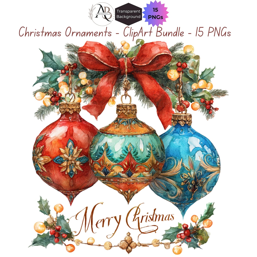 Watercolor Christmas Ornament Clipart: Baubles & Wreath (15 PNG Digital ...