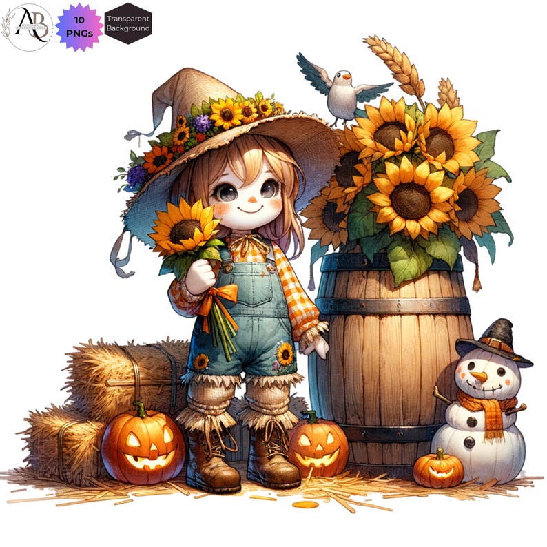Autumn Scarecrow Clipart: Watercolor Fall PNG Bundle (10 PNG Digital ...