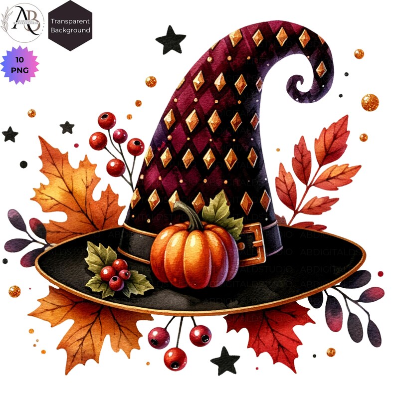 Halloween Witch Hat Clipart: 10 PNG for Scrapbooking, Hallowing Cards ...