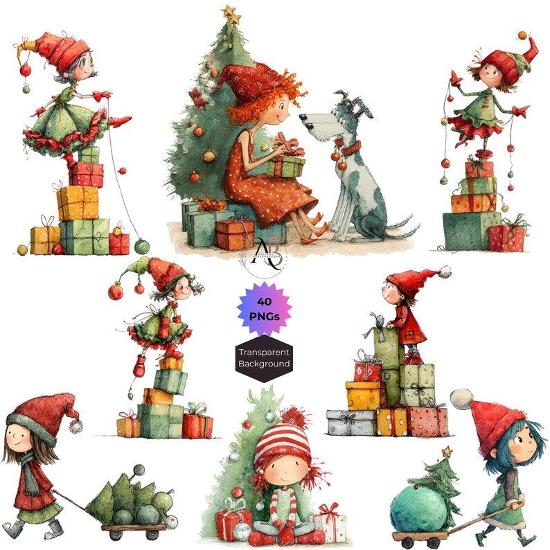 Watercolor Christmas Girls PNG: 40 Festive Watercolor Clipart (digital ...