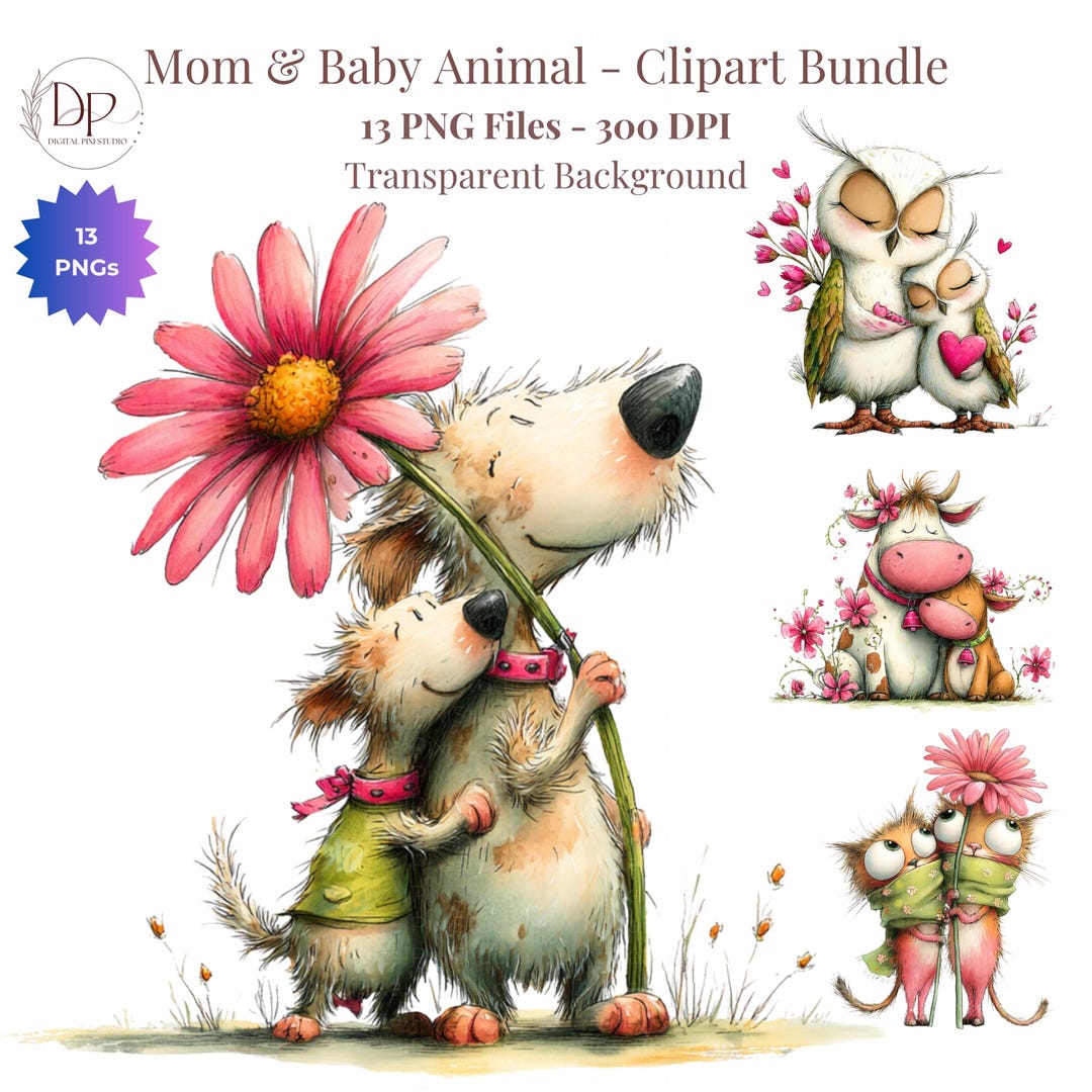Mother's Day PNG Bundle 13 Clipart, Mom Baby Animals, (digital Download ...