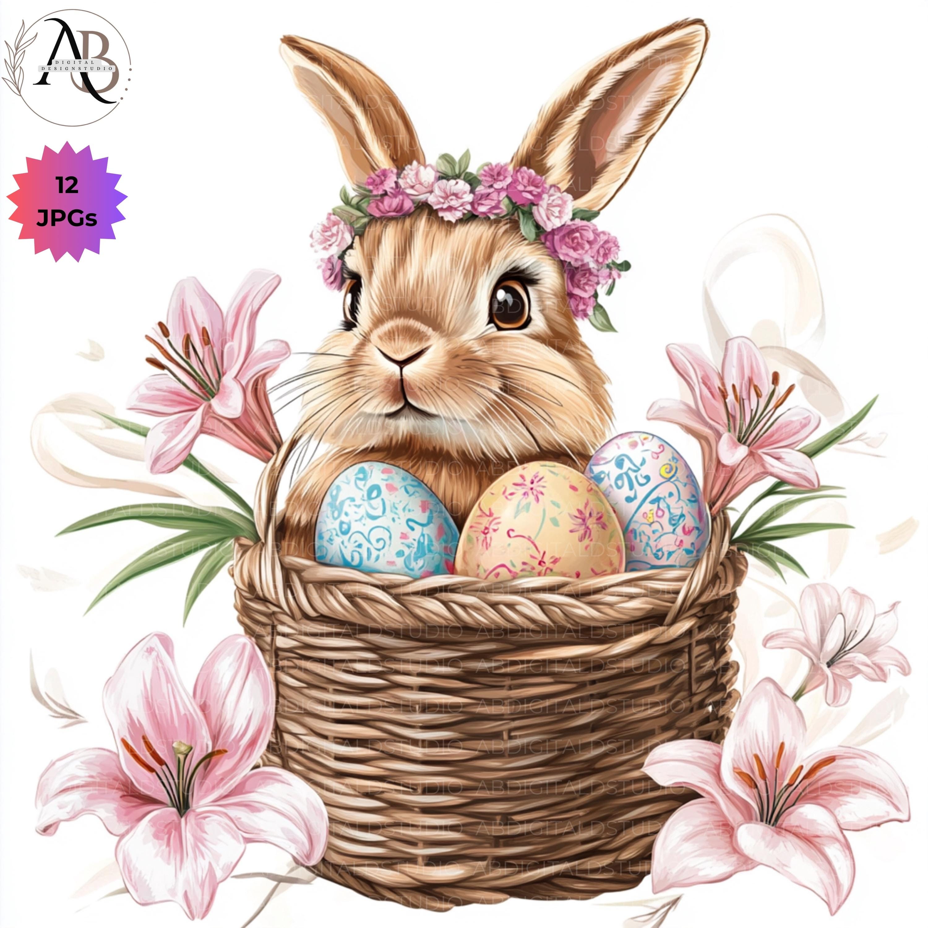 Easter Bunny Clipart 12 JPG, Bunny in Spring Flower Basket, Spring ...