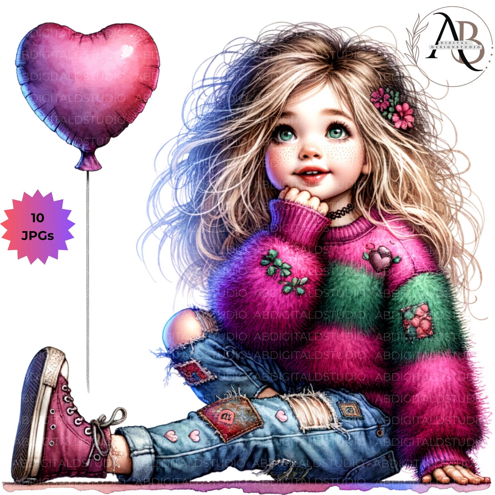 Valentines Day Quirky Girl Clipart 10 JPG Bundle Cute Little Valentine ...