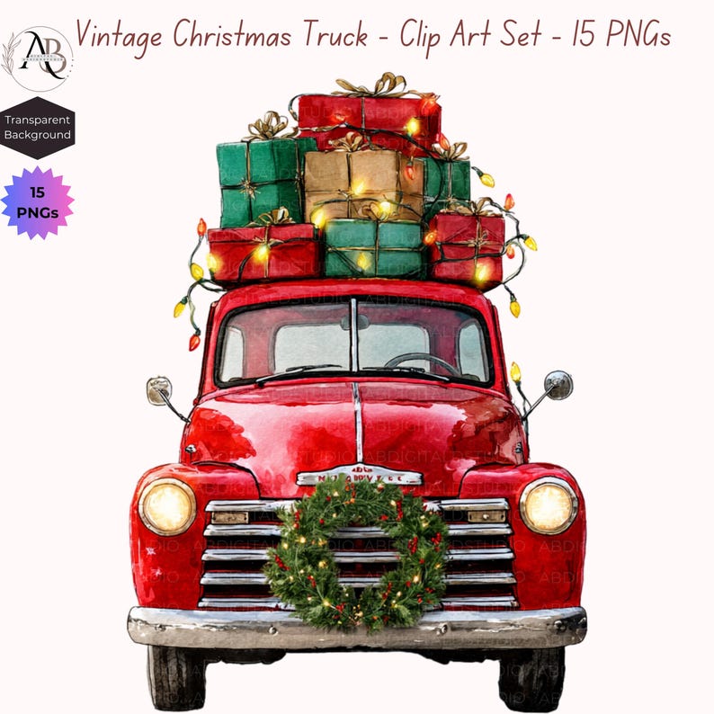Vintage Red Truck Christmas Clipart: 15 PNG (digital Download) for ...