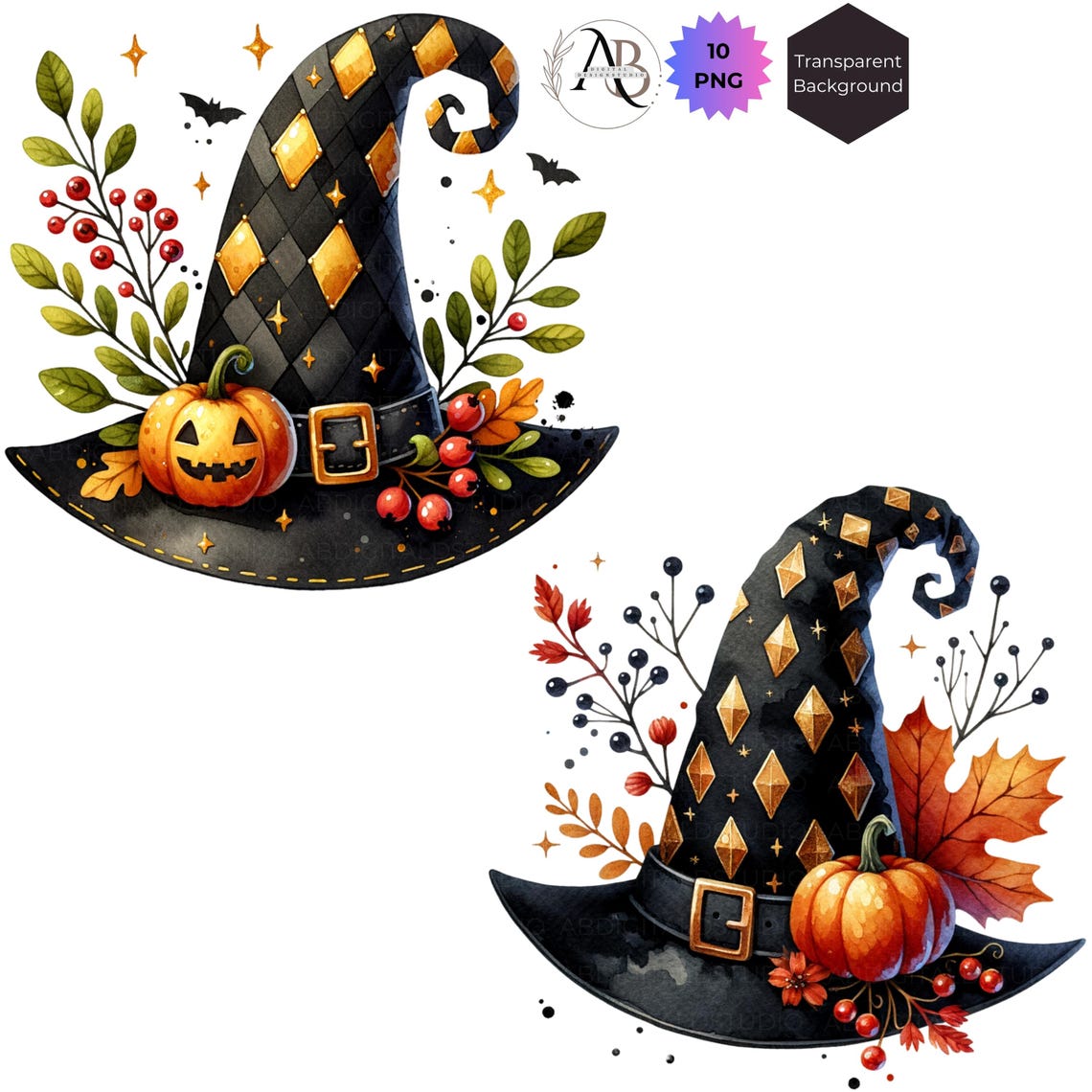 Halloween Witch Hat Clipart: 10 PNG for Scrapbooking, Hallowing Cards ...