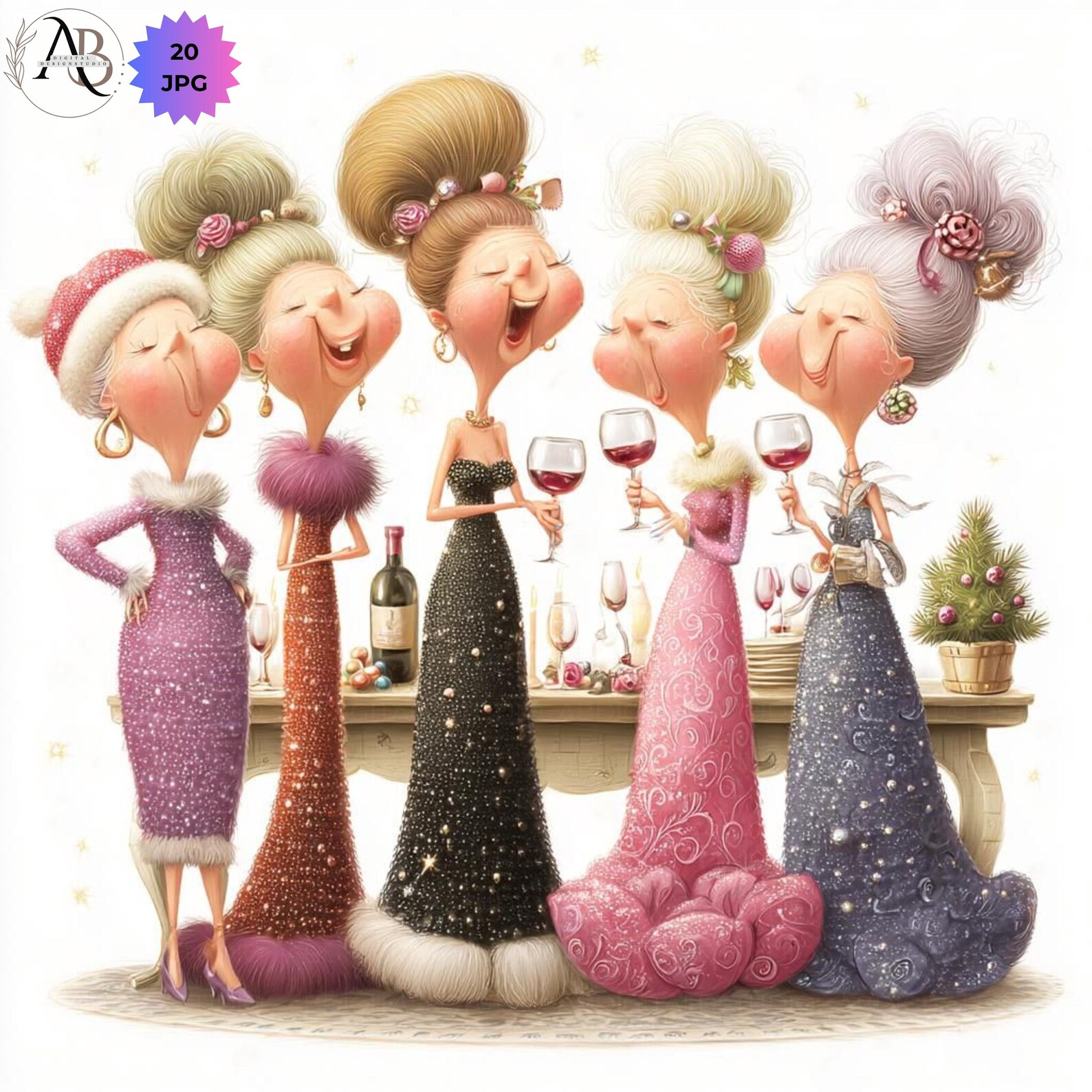 Funny Christmas Ladies Clipart: DIY Card & Planner Graphics Scrapbook ...