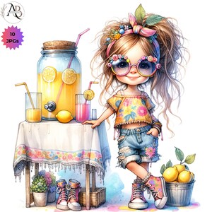 Lemonade Girl Clipart: Whimsical Watercolor Art - Printable JPG Bundle ...