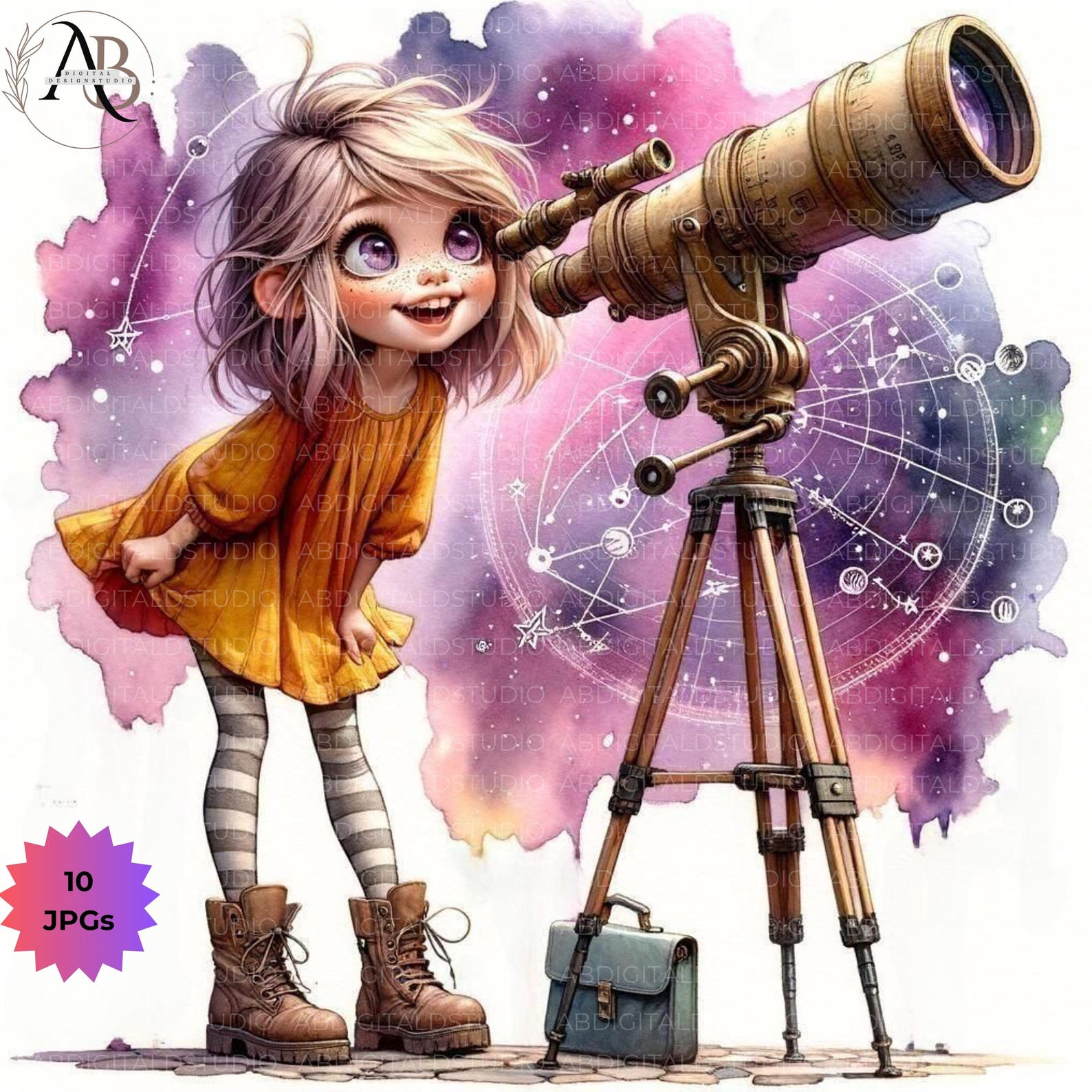 Stargazer Celestial Astronomy Mystical Clipart Whimsical Girl Star ...