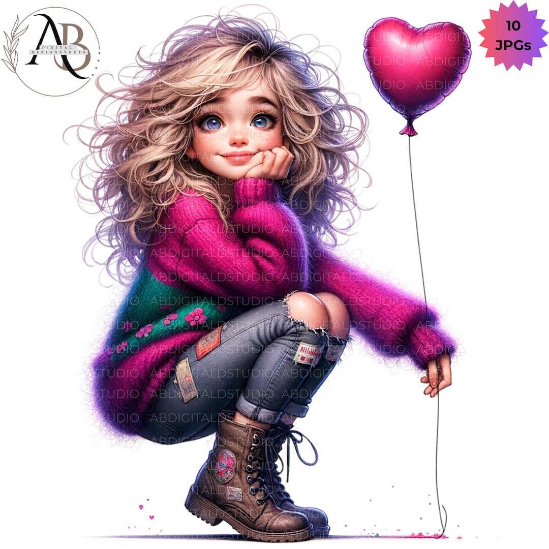 Valentines Day Quirky Girl Clipart 10 JPG Bundle Cute Little Valentine ...