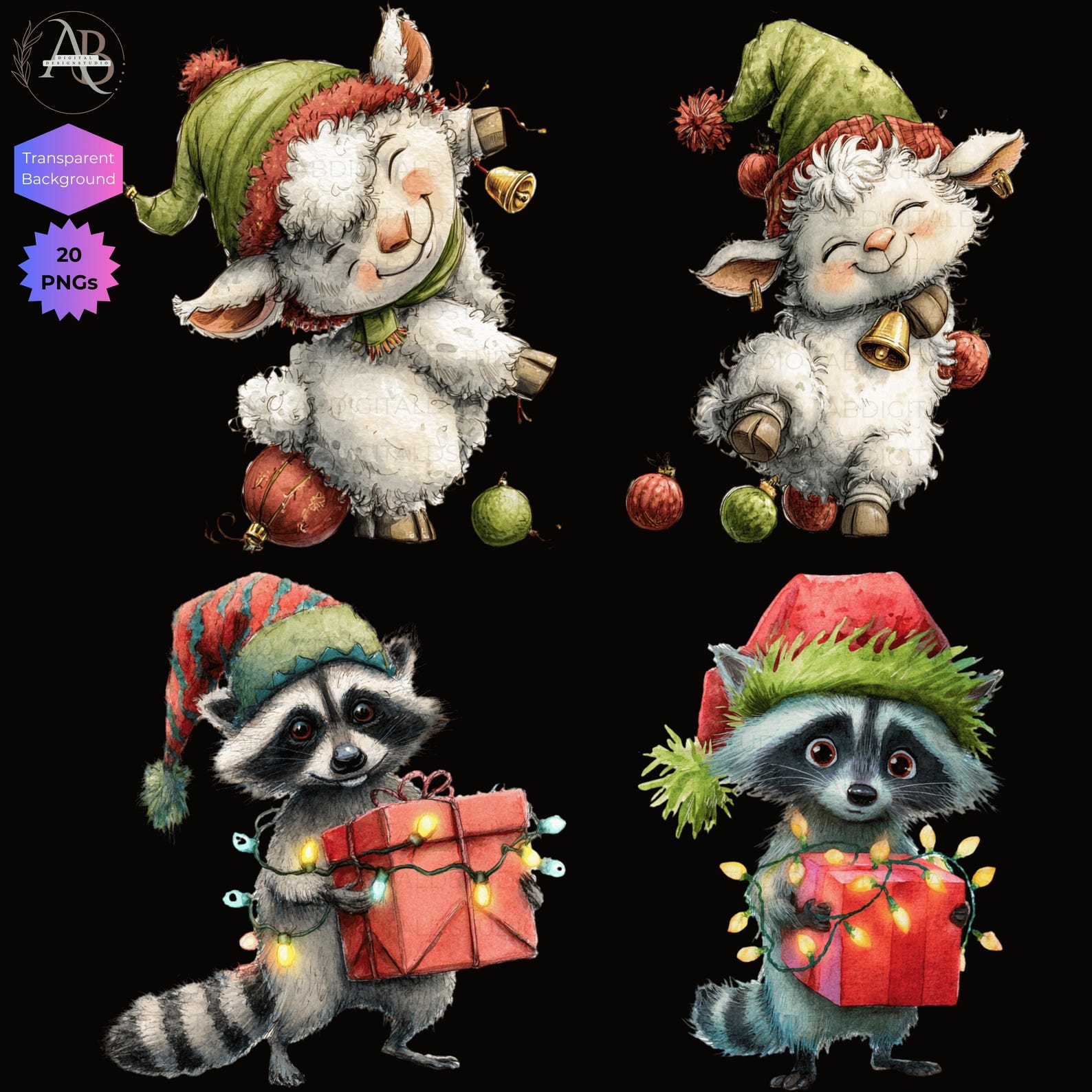 Watercolor Christmas Animal Clipart: 20 PNG Holiday Designs (digital ...