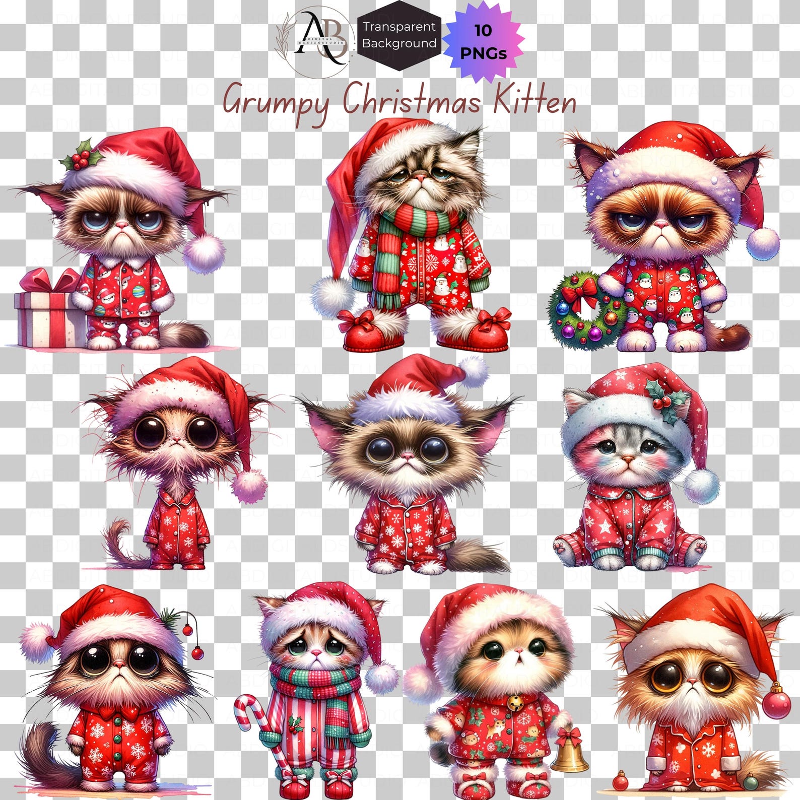 Watercolor Christmas Cat PNG: 10 Funny Christmas Clipart, (DIGITAL ...