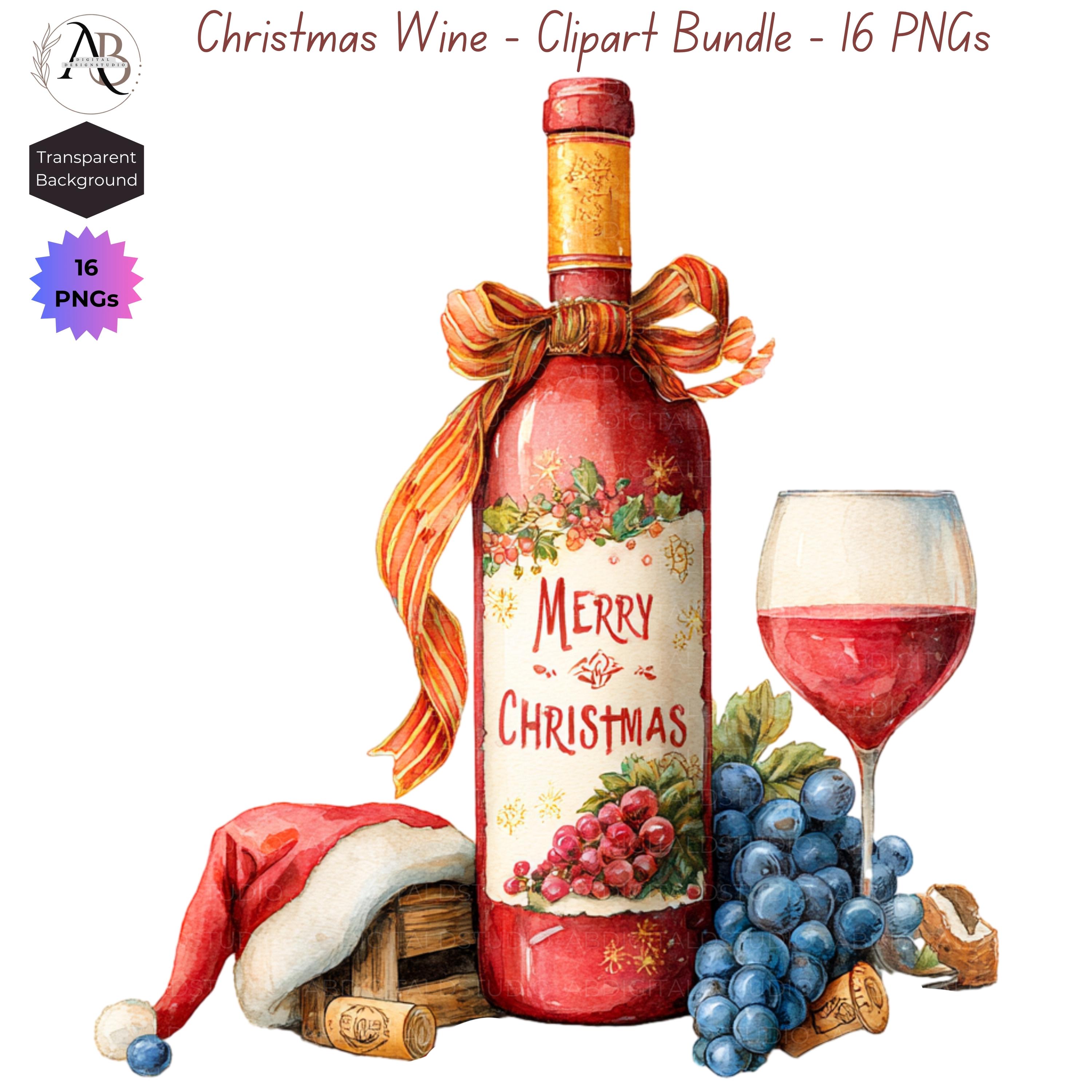 Watercolor Christmas Wine Clipart: 16 PNG Bottle Designs (digital ...