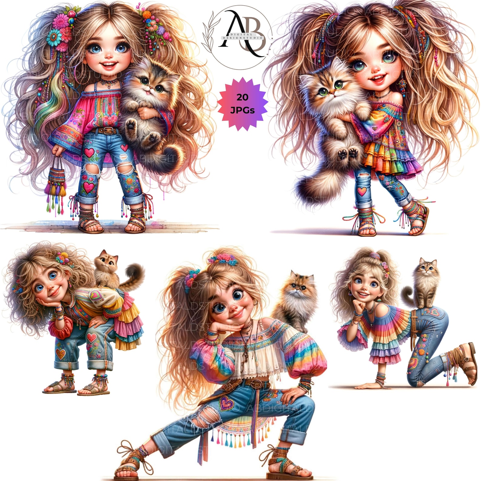 Quirky Girl Clipart Funny Girl Cute Whimsical Girl With Cat Clip Art 20 ...