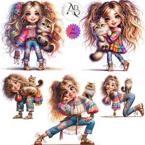 Quirky Girl Clipart Funny Girl Cute Whimsical Girl With Cat Clip Art 20 ...