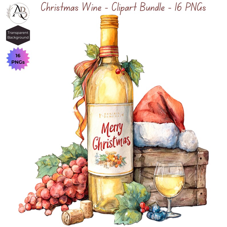 Watercolor Christmas Wine Clipart: 16 PNG Bottle Designs (digital ...