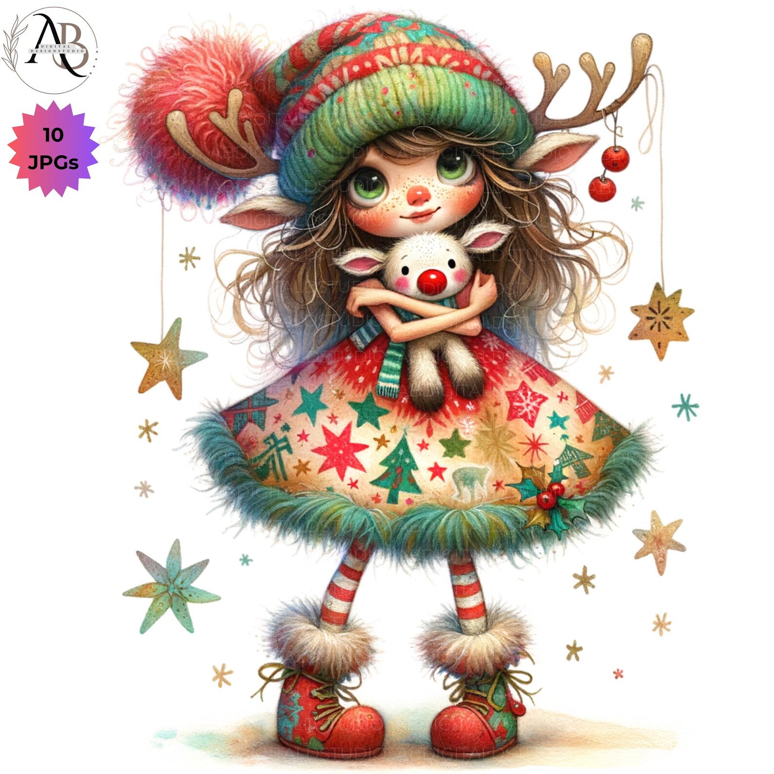 Whimsical Christmas Reindeer Clipart: Festive Watercolor Designs ...