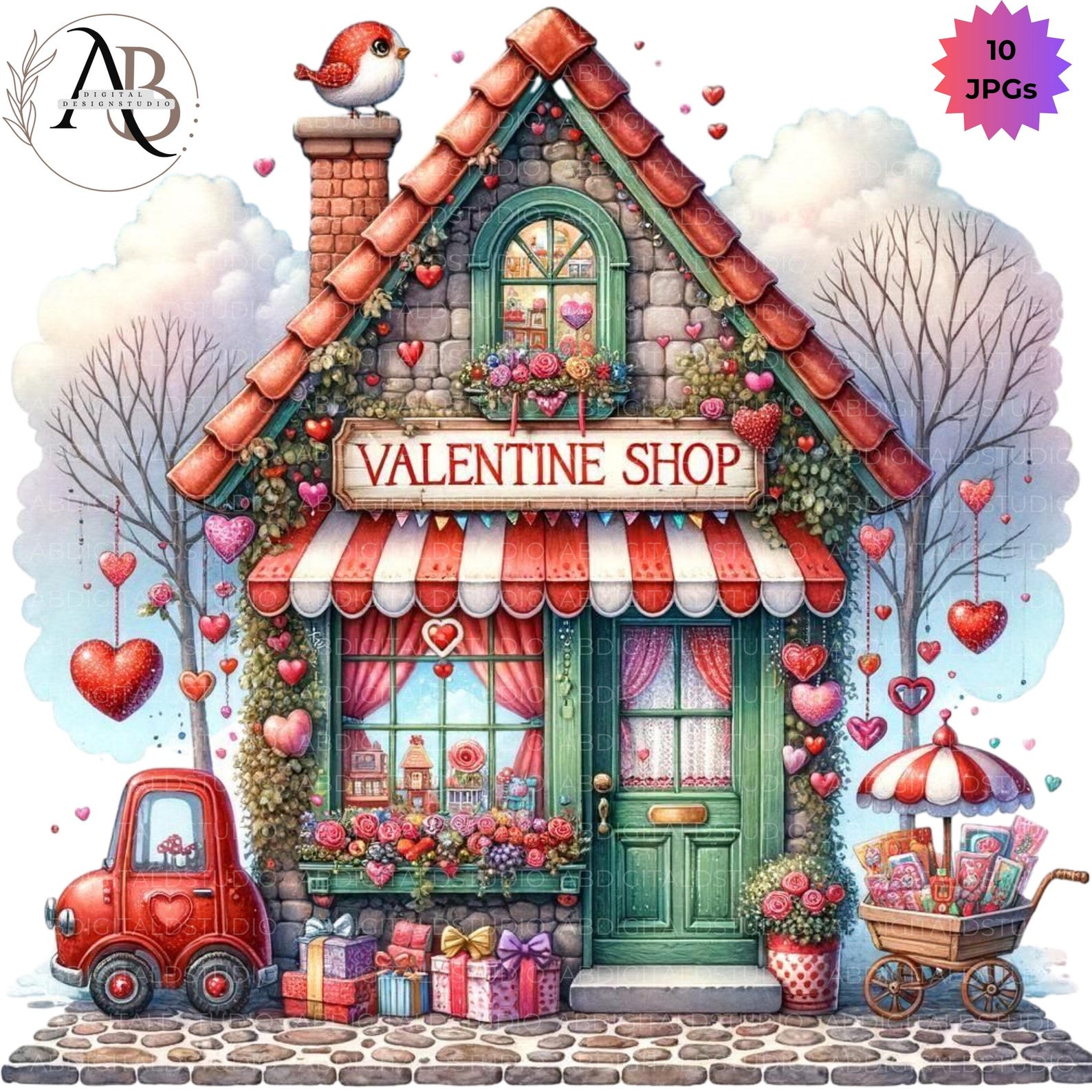 Valentines Shop Clipart Bundle, Watercolor Style (JPG Printable - 10 ...