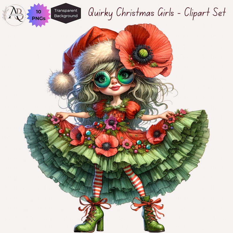 Quirky Christmas Girl Clip Art: 10 Pngs for Cardmaking, Scrapbooking ...