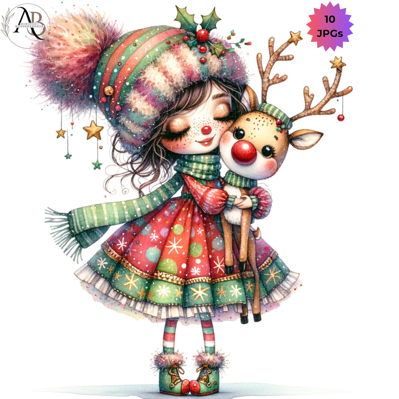 Whimsical Christmas Reindeer Clipart: Festive Watercolor Designs ...