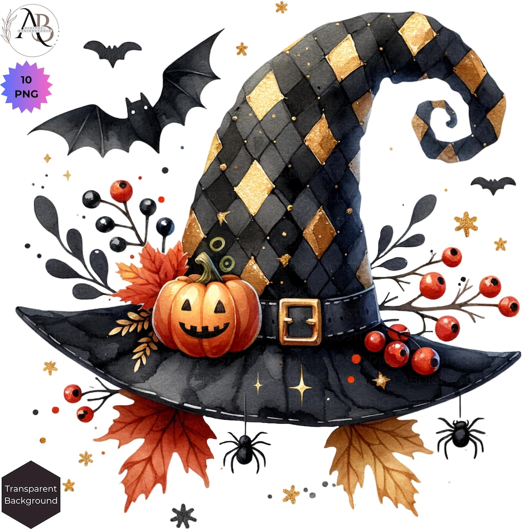 Halloween Witch Hat Clipart: 10 PNG for Scrapbooking, Hallowing Cards ...