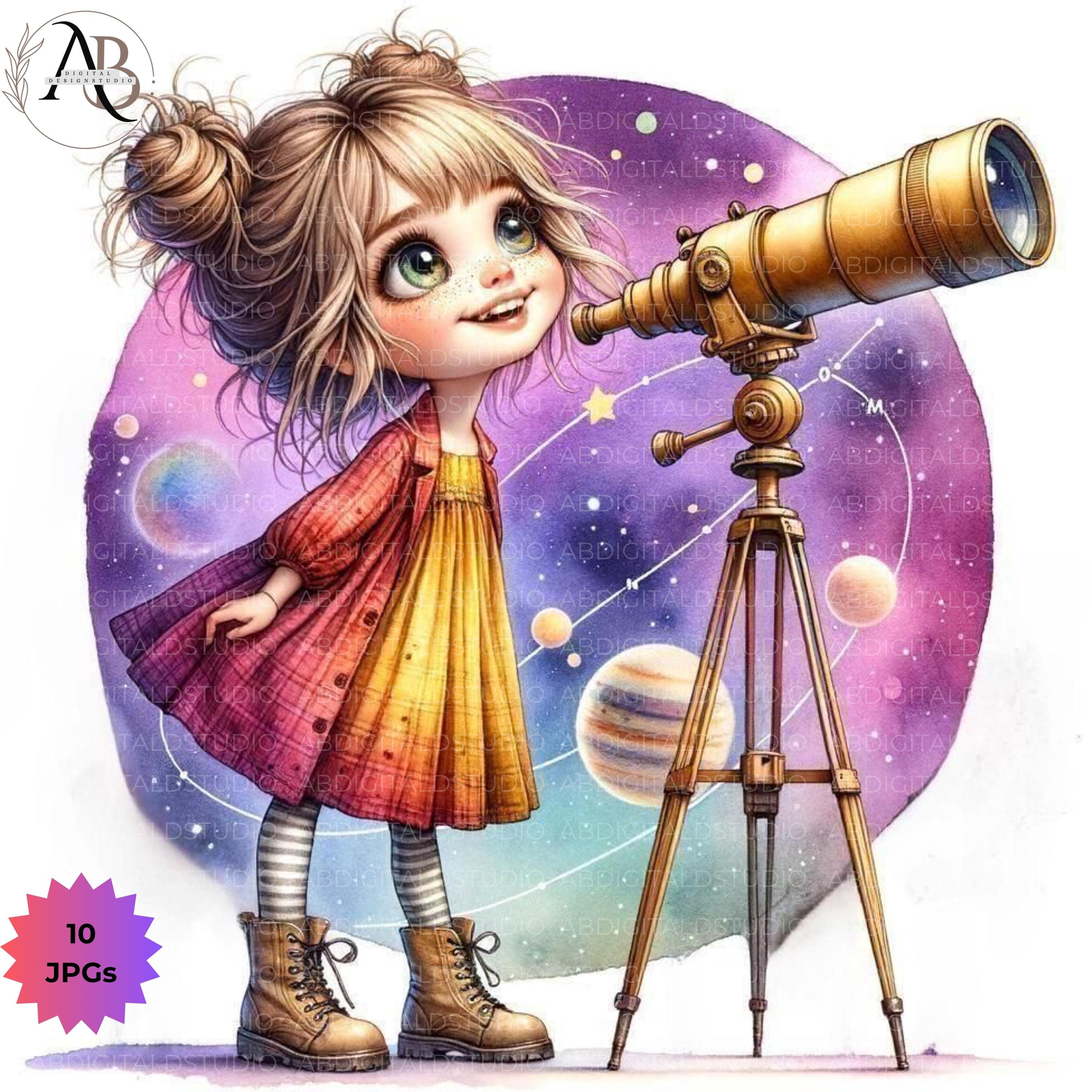 Stargazer Celestial Astronomy Mystical Clipart Whimsical Girl Star ...