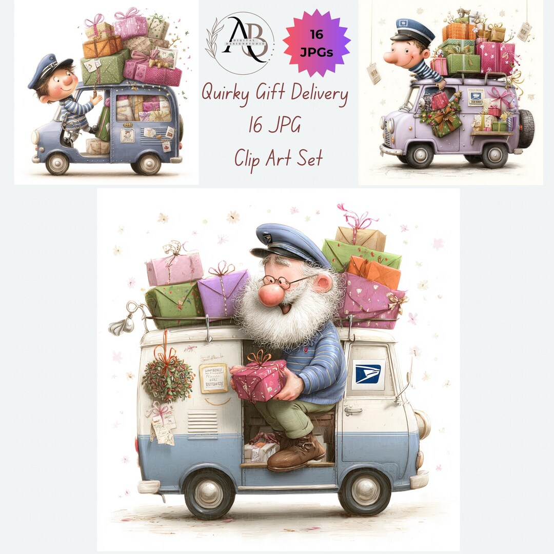 Quirky Christmas Postal Worker Clipart: 16 Jpgs for Funny Holiday Cards ...