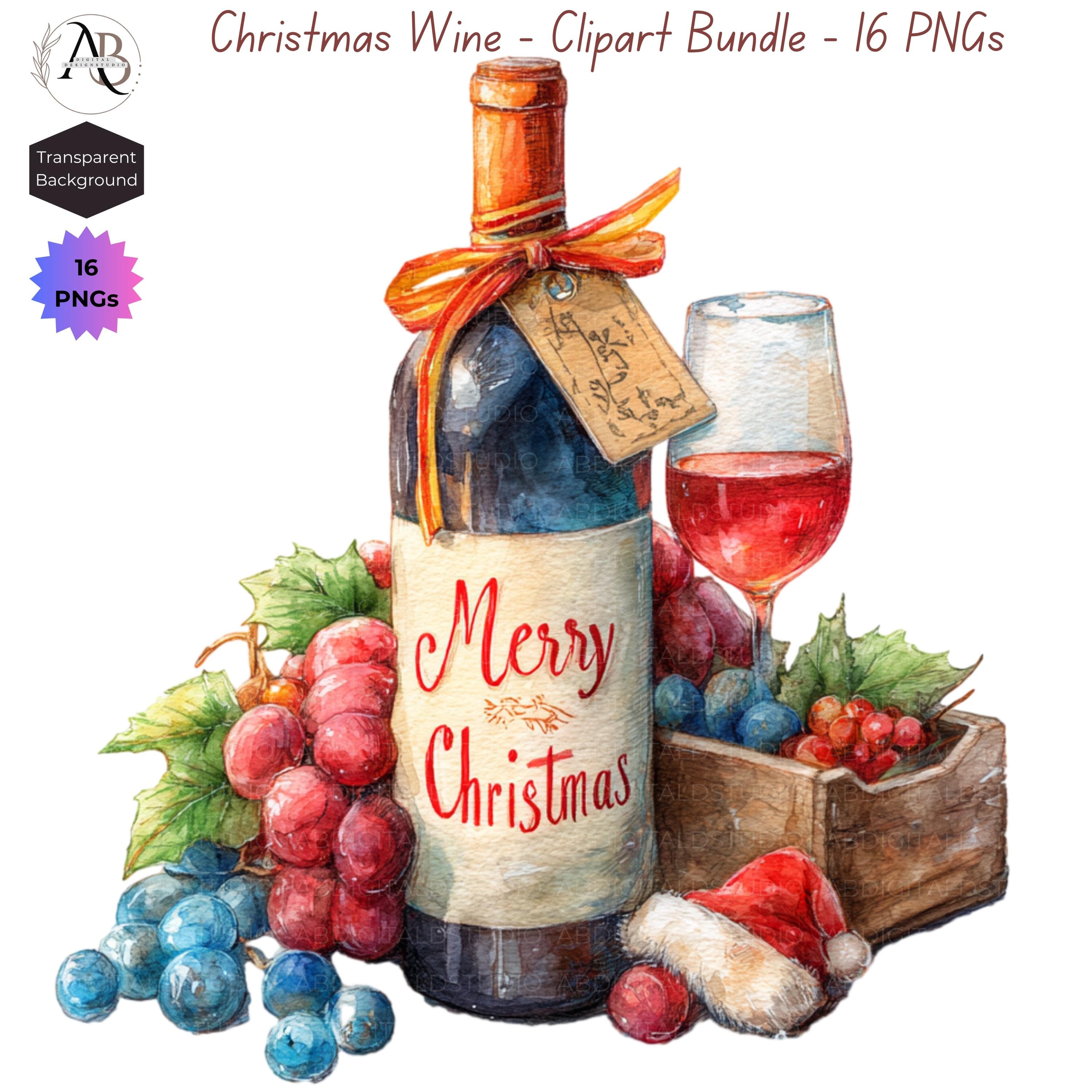 Watercolor Christmas Wine Clipart: 16 PNG Bottle Designs (digital ...