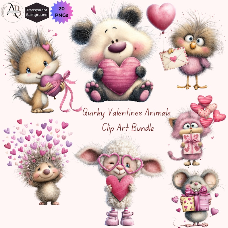 Watercolor Valentines Animals Clipart: 20 PNG Bundle (digital Download ...
