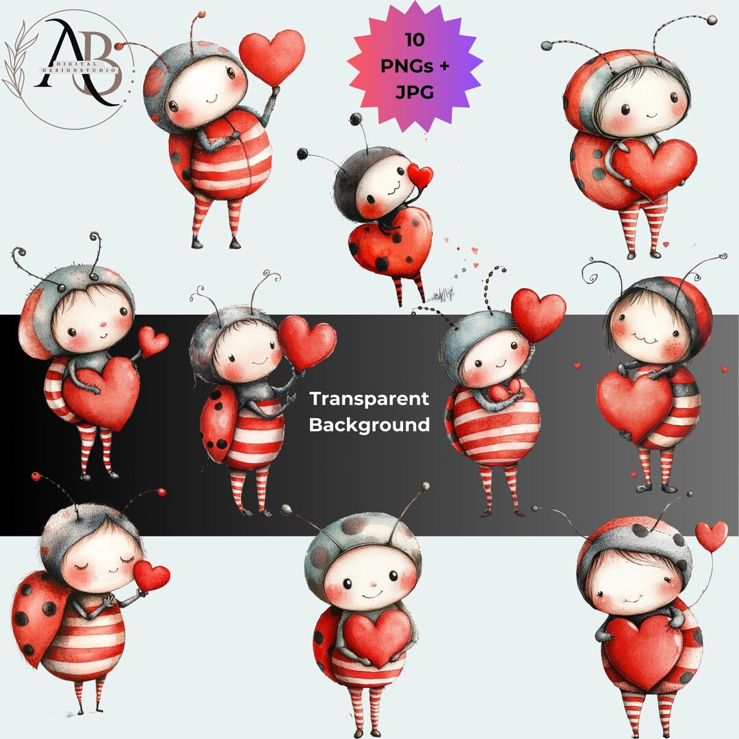 Ladybug Clipart Cute Love Bugs Valentines Day Artful Watercolor 10 PNG ...