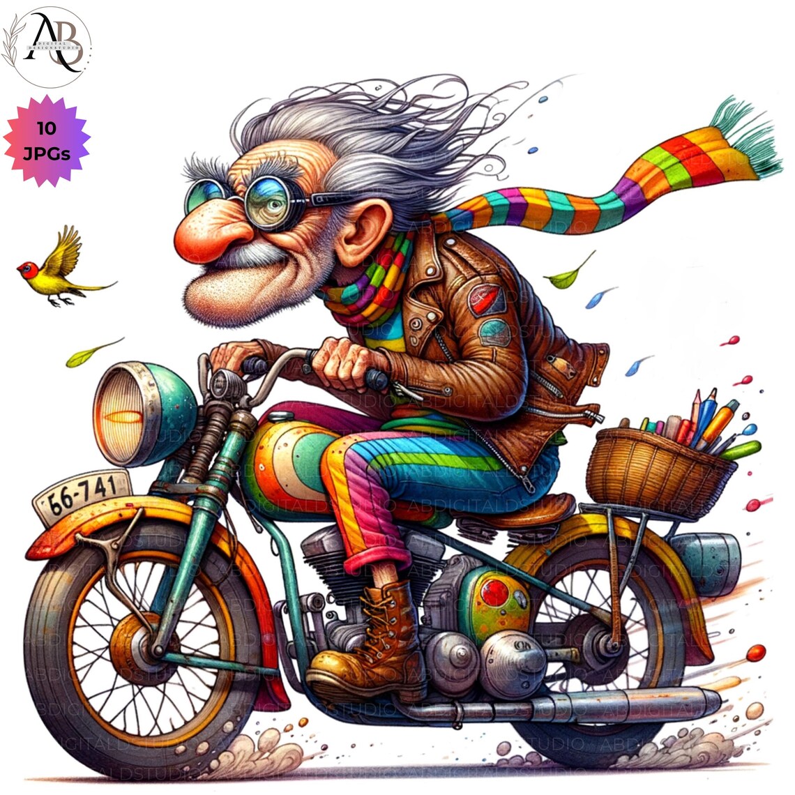 Funny Old Man on Motorcycle Clipart: Quirky Biker Art (digital Download ...