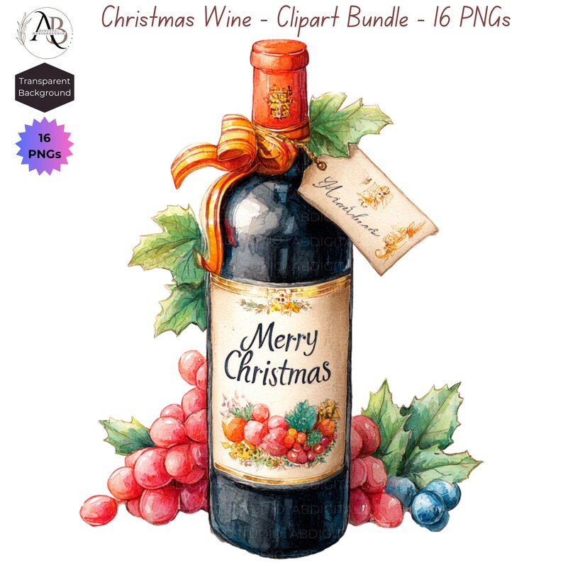 Watercolor Christmas Wine Clipart: 16 PNG Bottle Designs (digital ...