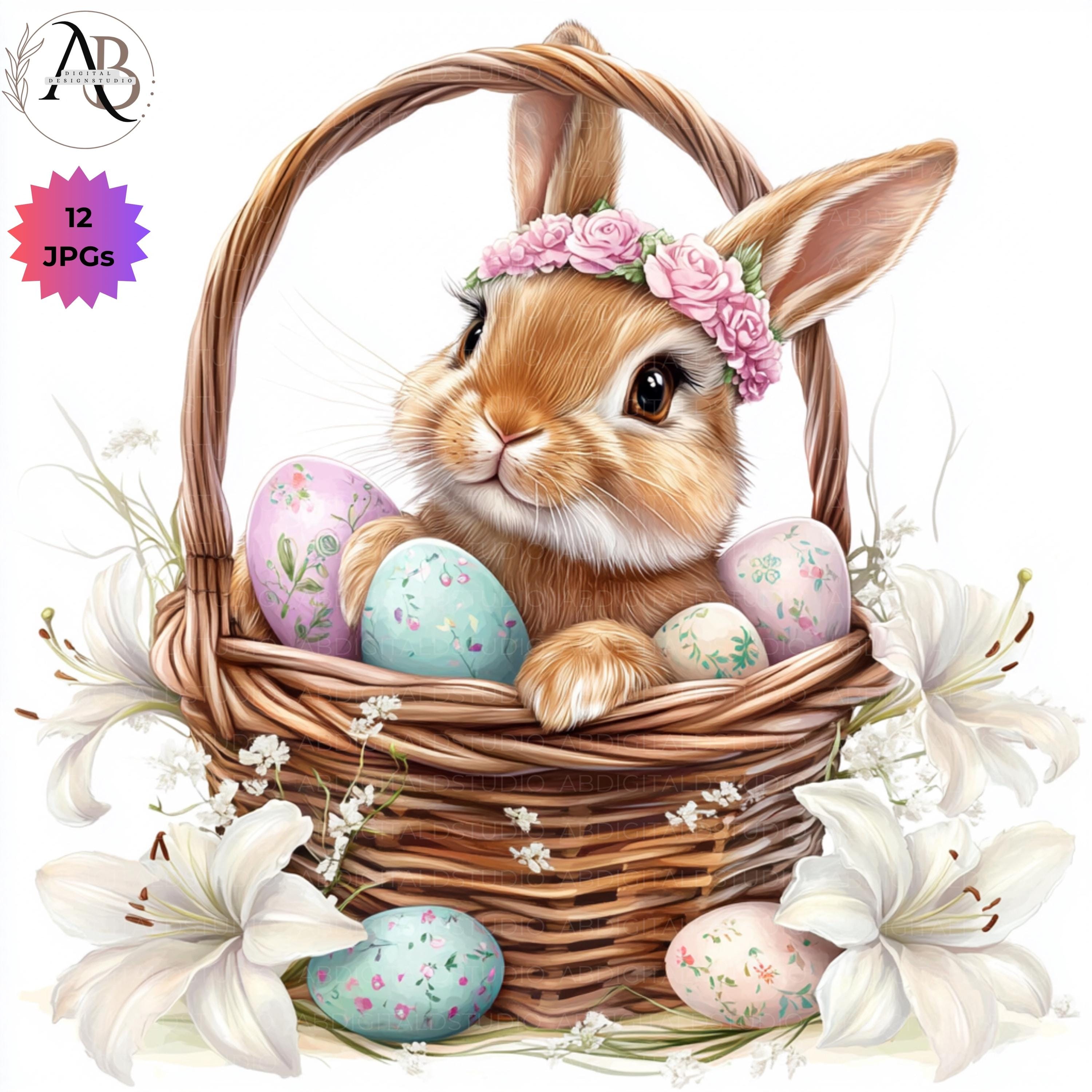Easter Bunny Clipart 12 JPG, Bunny in Spring Flower Basket, Spring ...