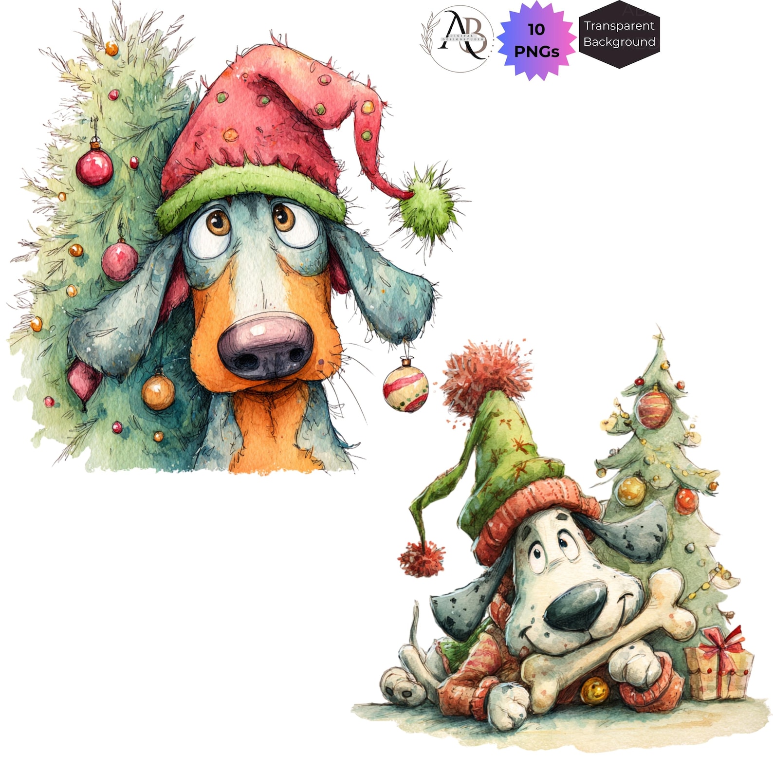 Christmas Dogs Clipart Bundle: 10 PNG, Holiday Watercolor Digital ...